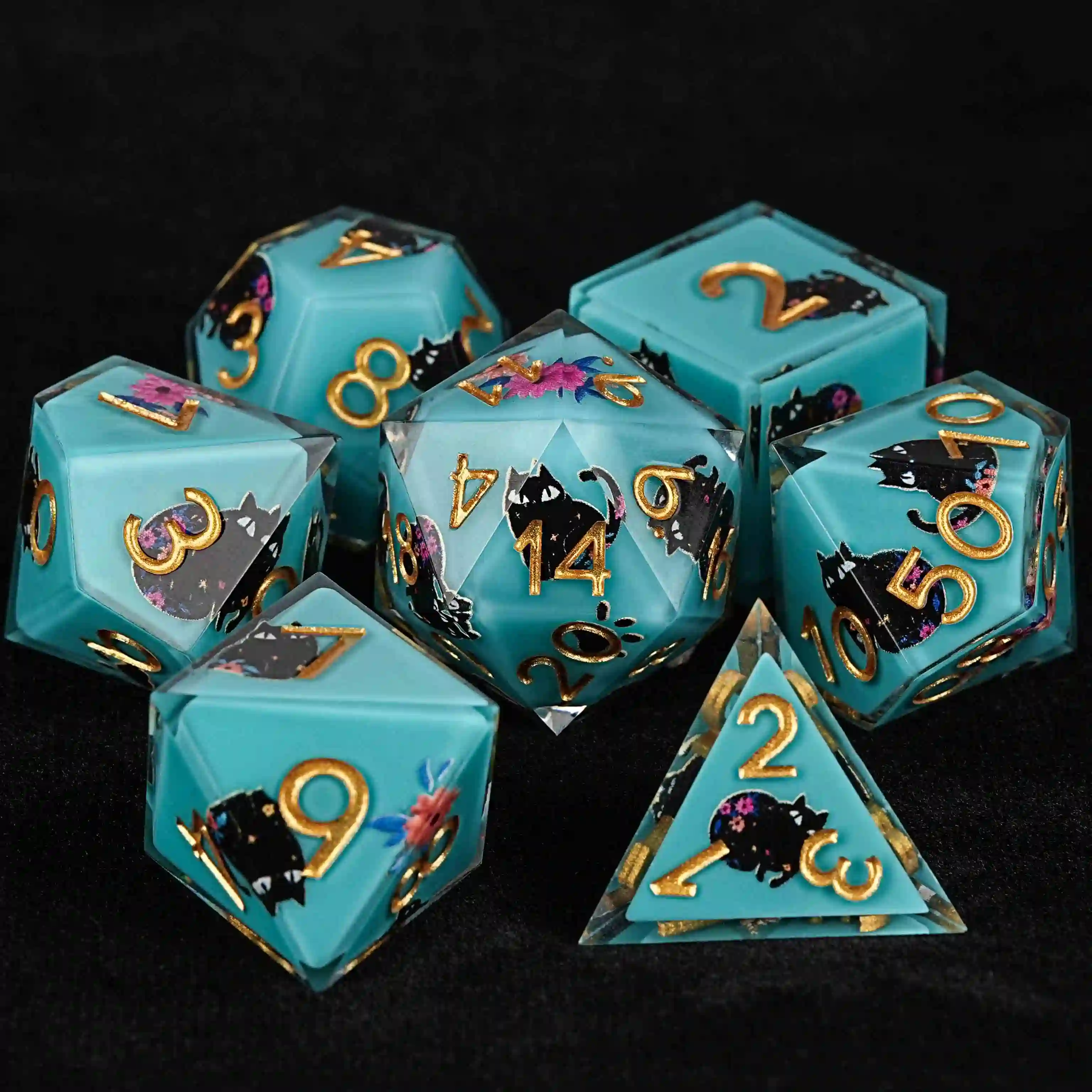 Exclusive Dice in Dice: 7 Black Cat Flower Printed Resin Dice Set |Bear ...