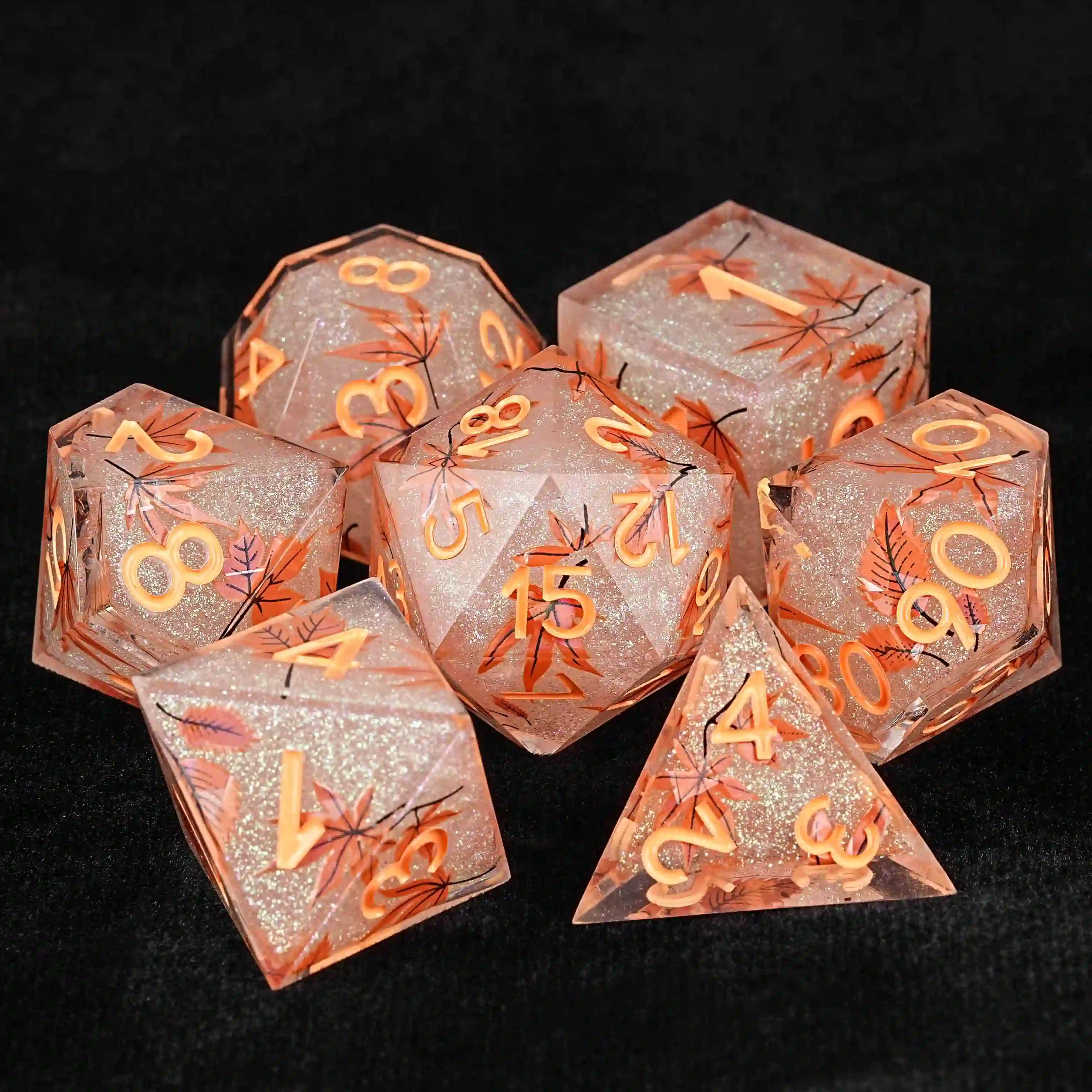 Charming Bear Dice: Orange Maple Leaf dnd Dice Set with Glittery Autumn ...